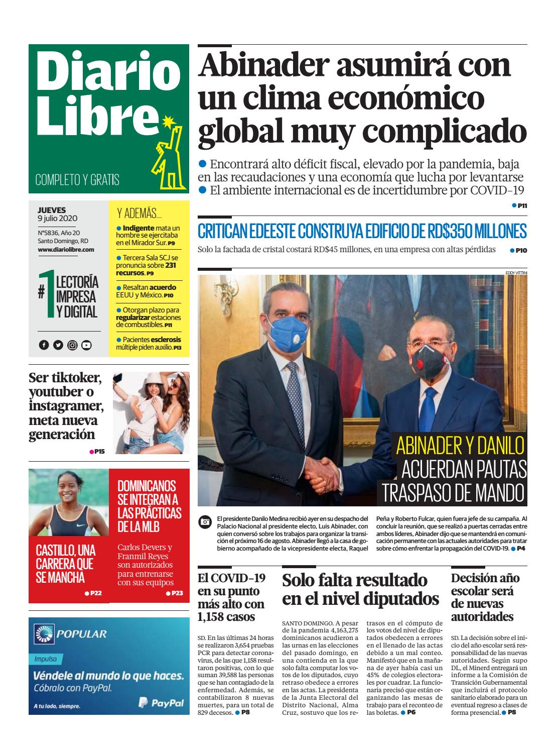 Portada Periódico Diario Libre, Jueves 09 de Julio, 2020 - Dominicana.do