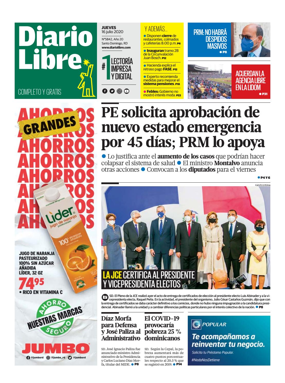 Portada Periódico Diario Libre, Jueves 16 de Julio, 2020 - Dominicana.do