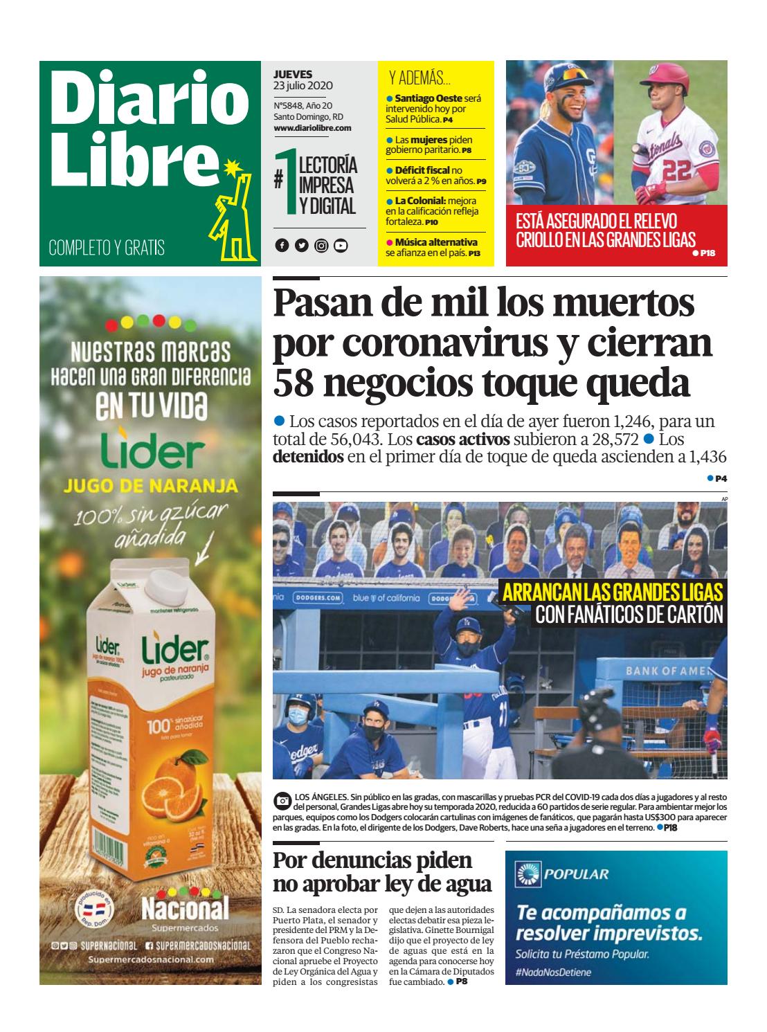 Portada Periódico Diario Libre, Jueves 23 de Julio, 2020 - Dominicana.do