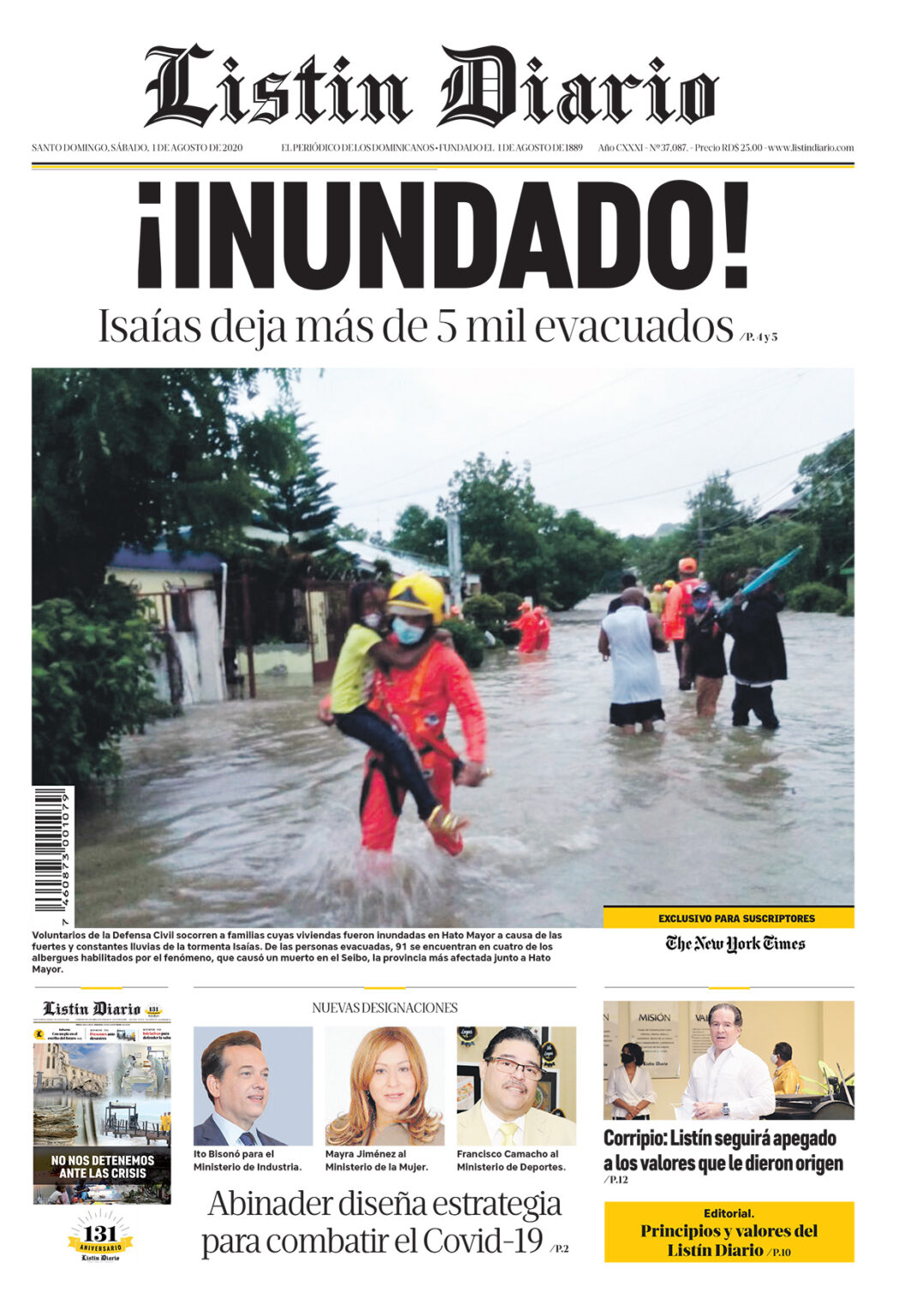 Portada Periódico Listín Diario, Sábado 01 de Agosto, 2020 - Dominicana.do