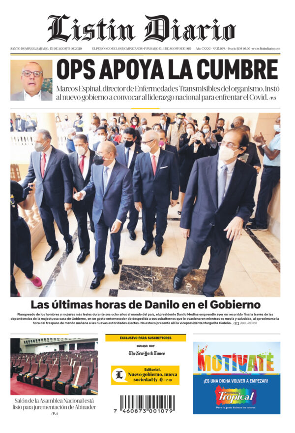 Portada Periódico Listín Diario, Sábado 15 de Agosto, 2020 - Dominicana.do