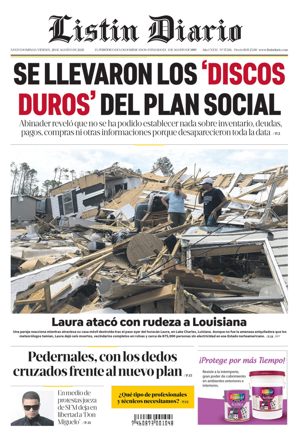 Portada Periódico Listín Diario, Viernes 28 de Agosto, 2020 - Dominicana.do