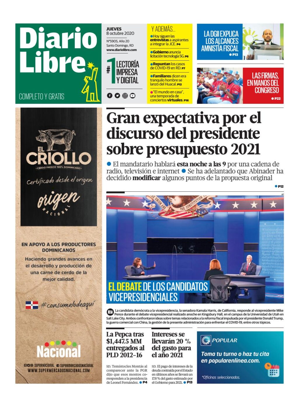 Portada Periódico Diario Libre, Jueves 08 de Octubre, 2020 - Dominicana.do