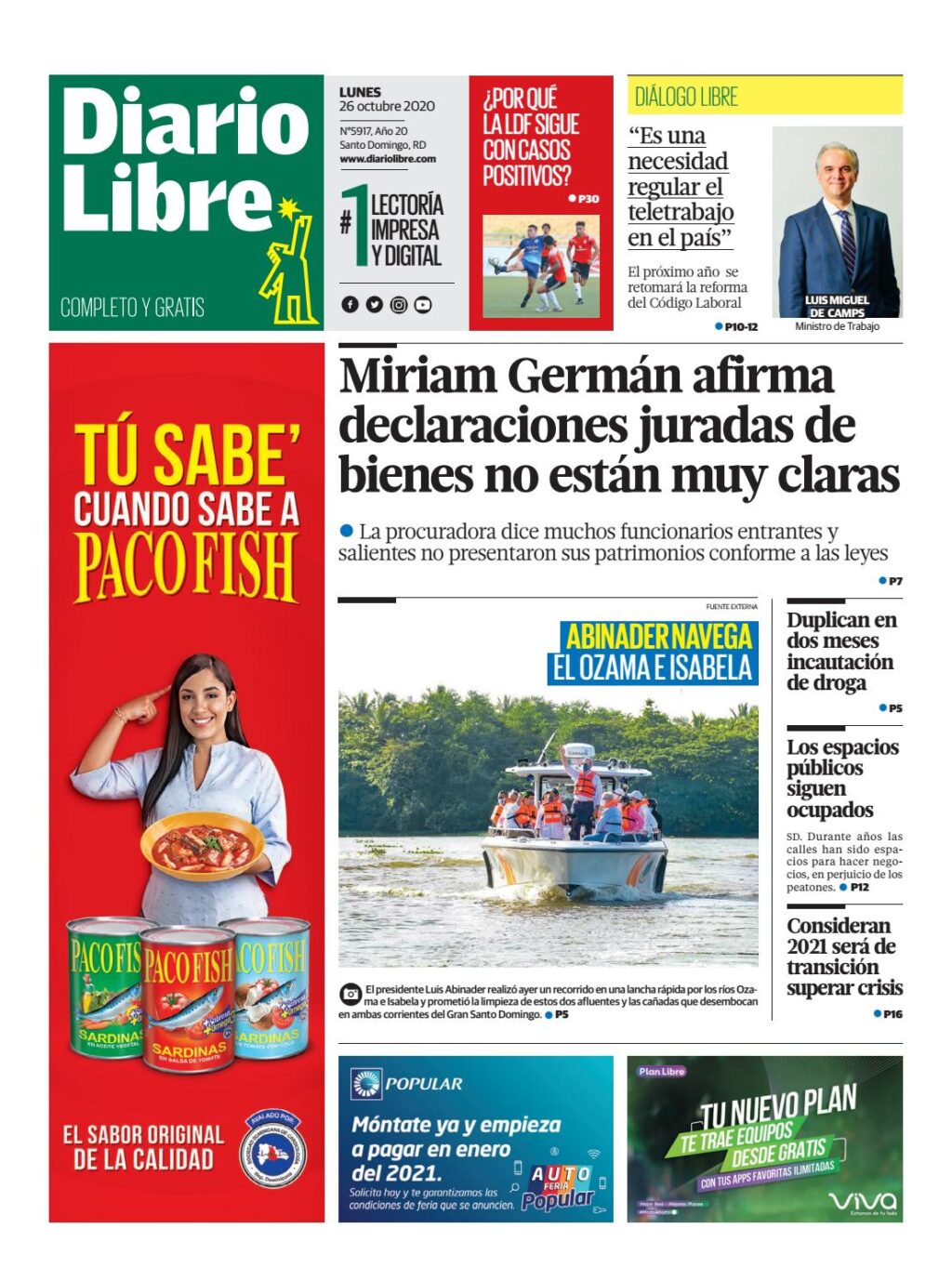 Portada Periódico Diario Libre, Lunes 26 de Octubre, 2020 - Dominicana.do