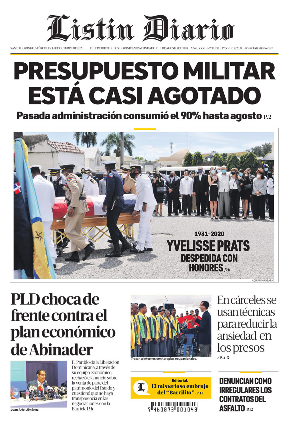 Portada Periódico Listín Diario, Miércoles 14 de Octubre, 2020 ...