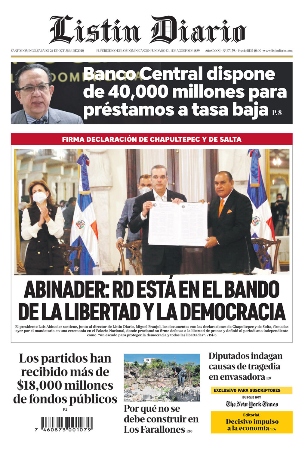 Portada Periódico Listín Diario, Sábado 24 de Octubre, 2020 - Dominicana.do