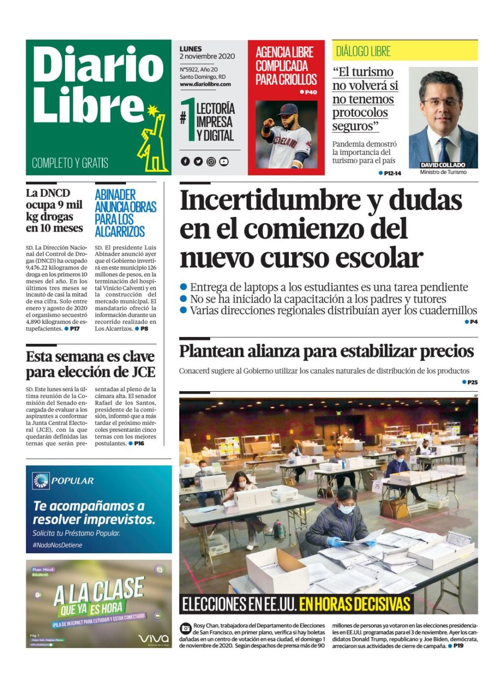 Portada Periódico Diario Libre, Lunes 02 de Noviembre, 2020 - Dominicana.do