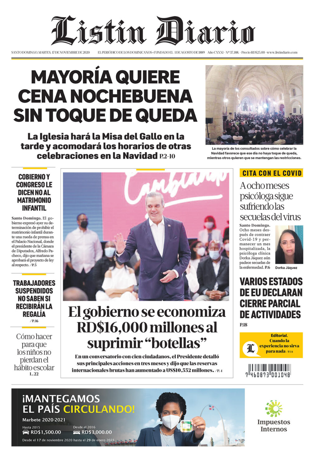 Portada Periódico Listín Diario, Martes 17 de Noviembre, 2020 ...