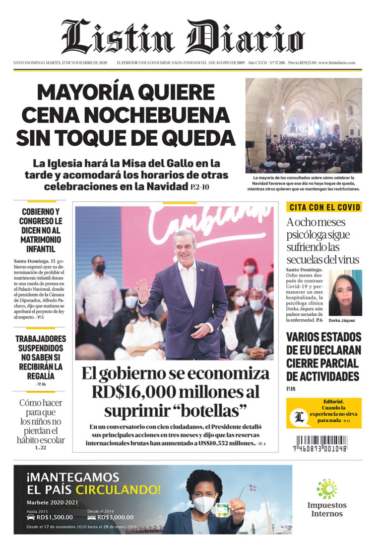Portada Periódico Listín Diario, Martes 17 de Noviembre, 2020 ...
