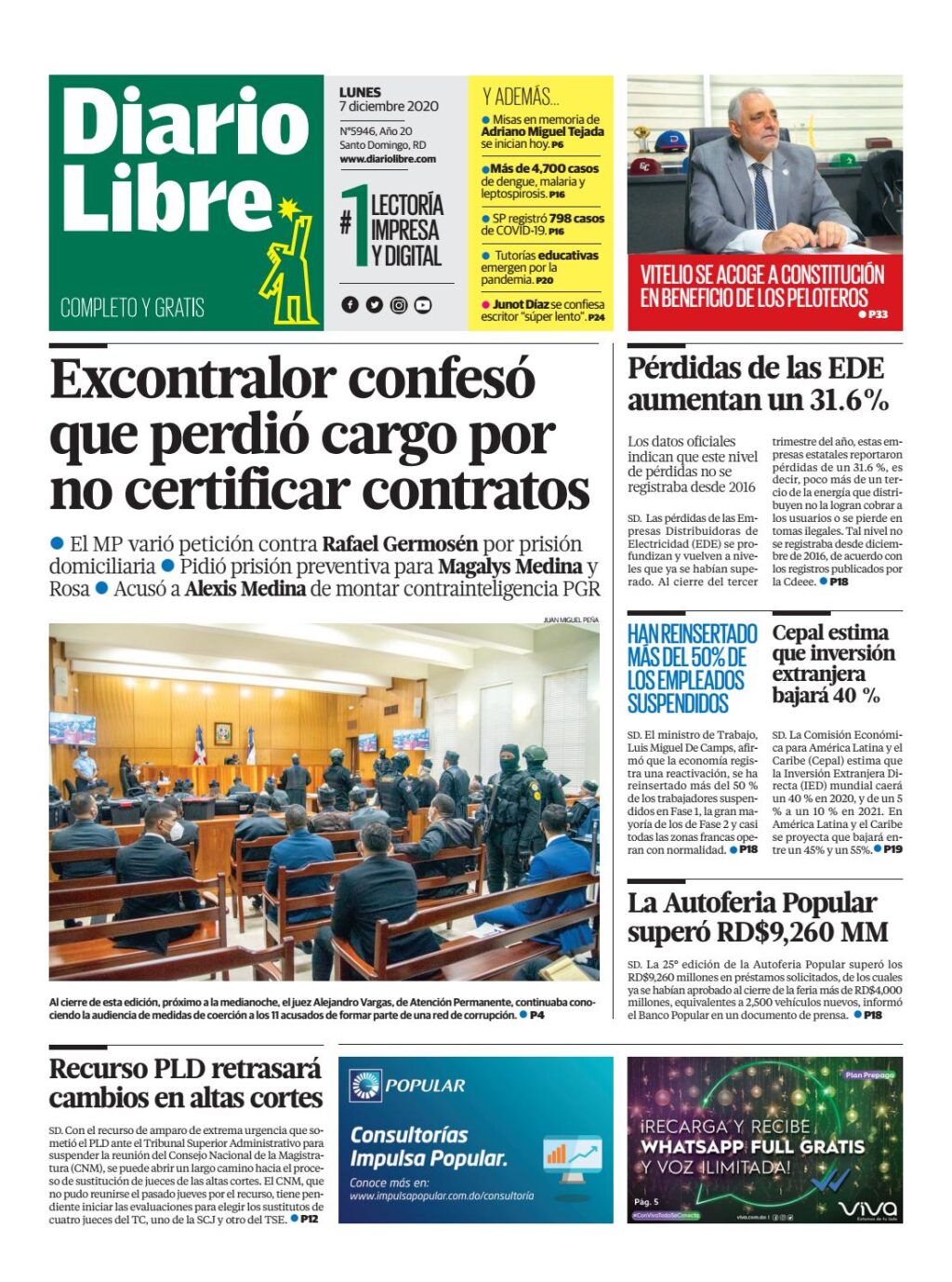 Portada Periódico Diario Libre, Lunes 07 de Diciembre, 2020 - Dominicana.do