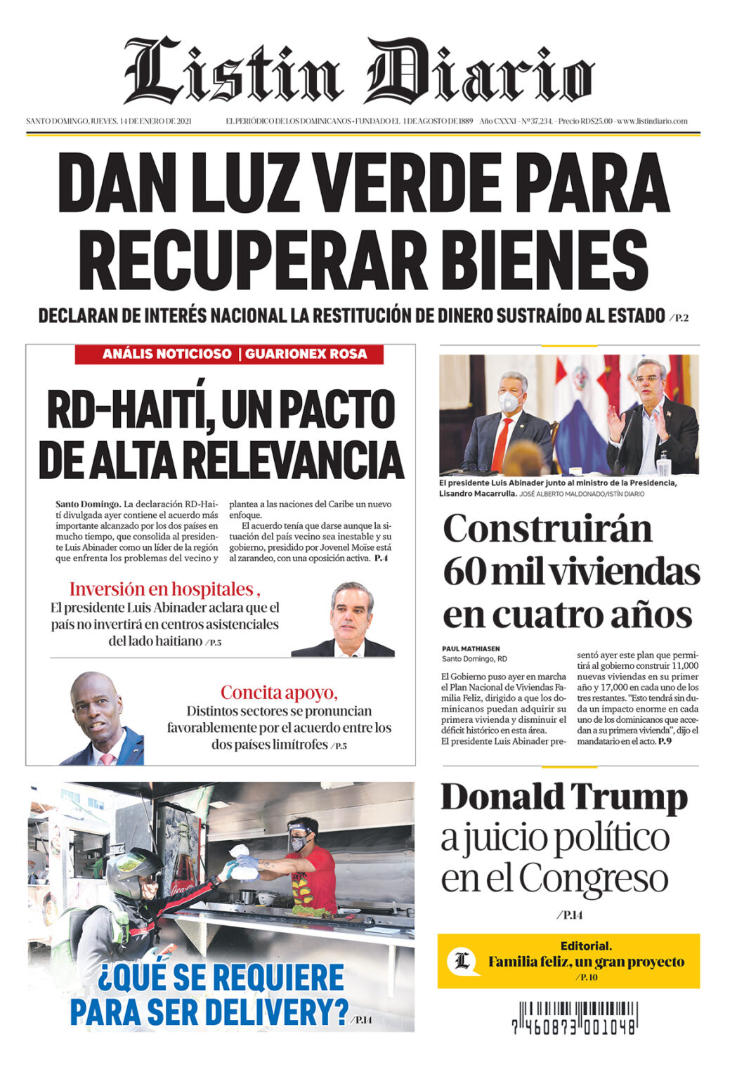 Portada Periódico Listín Diario, Jueves 14 de Enero, 2021 - Dominicana.do