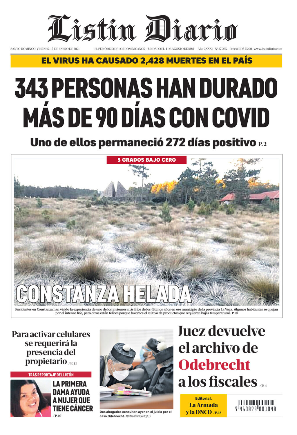 Portada Periódico Listín Diario, Viernes 15 de Enero, 2021 - Dominicana.do