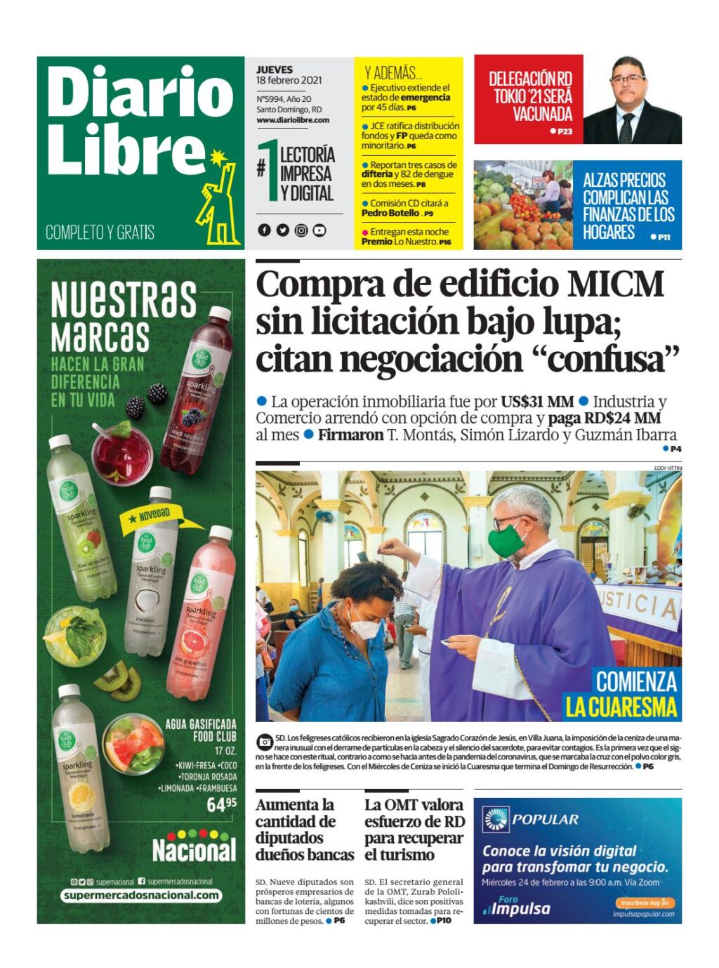 Portada Periódico Diario Libre, Jueves 18 de Febrero, 2021 - Dominicana.do