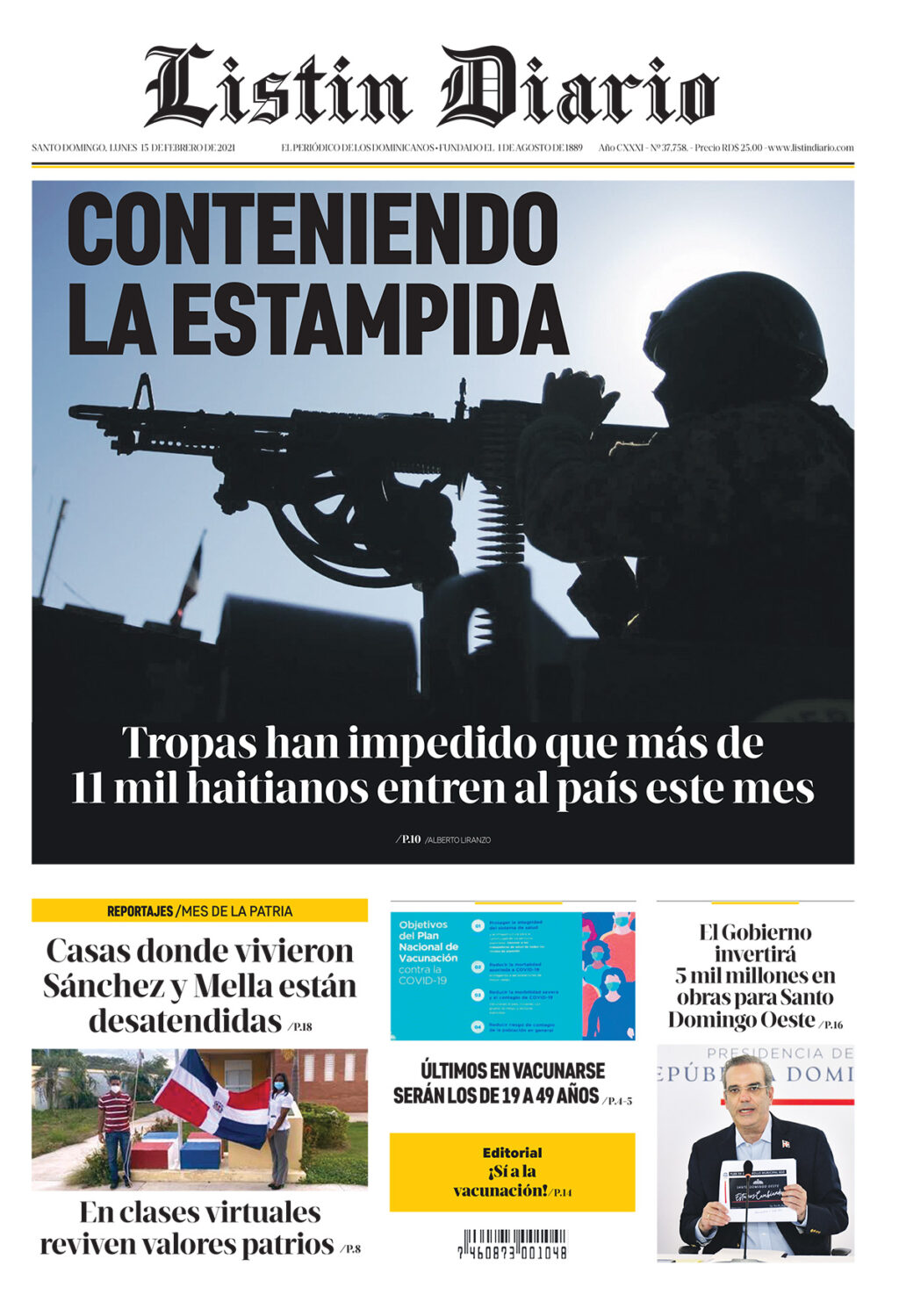 Portada Periódico Listín Diario, Lunes 15 de Febrero, 2021 - Dominicana.do