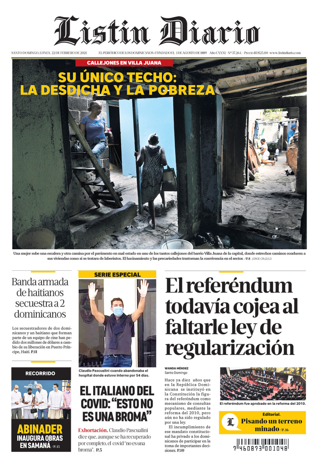 Portada Periódico Listín Diario, Lunes 22 de Febrero, 2021 - Dominicana.do