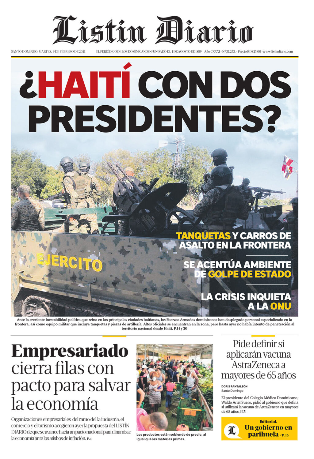 Portada Periódico Listín Diario, Martes 09 de Febrero, 2021 - Dominicana.do