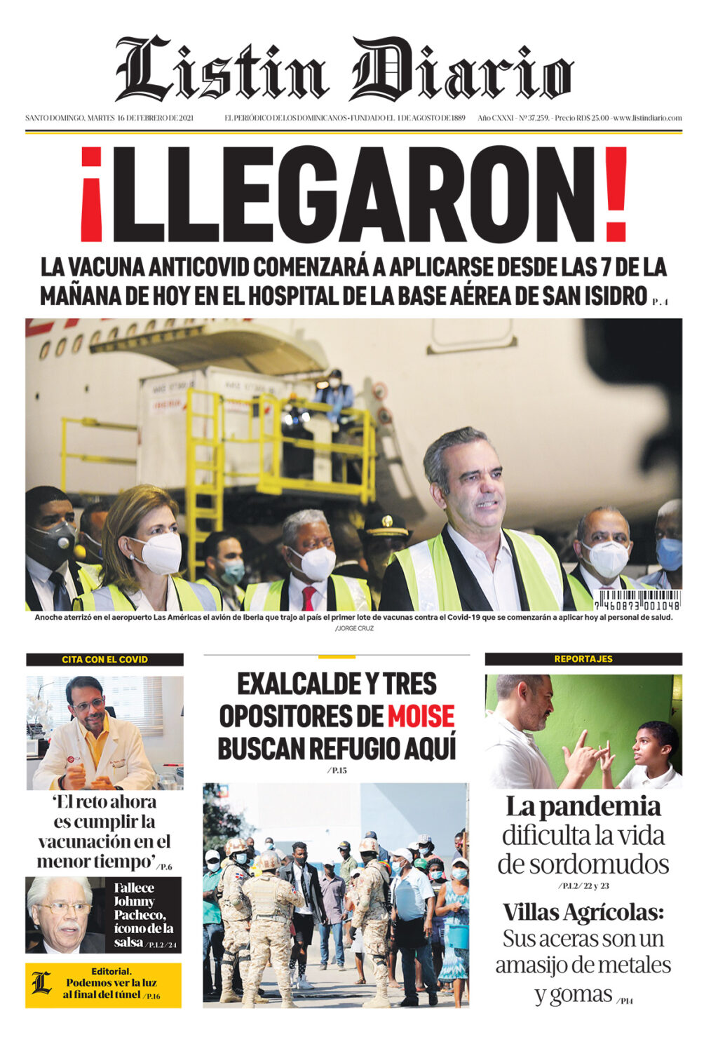 Portada Periódico Listín Diario, Martes 16 de Febrero, 2021 - Dominicana.do