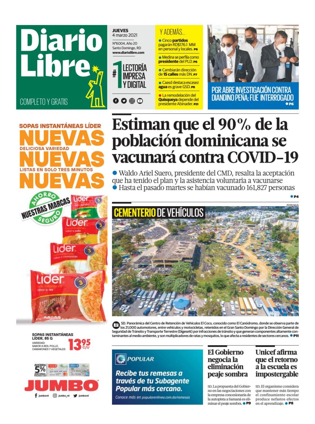 Portada Periódico Diario Libre, Jueves 04 de Marzo, 2021 - Dominicana.do