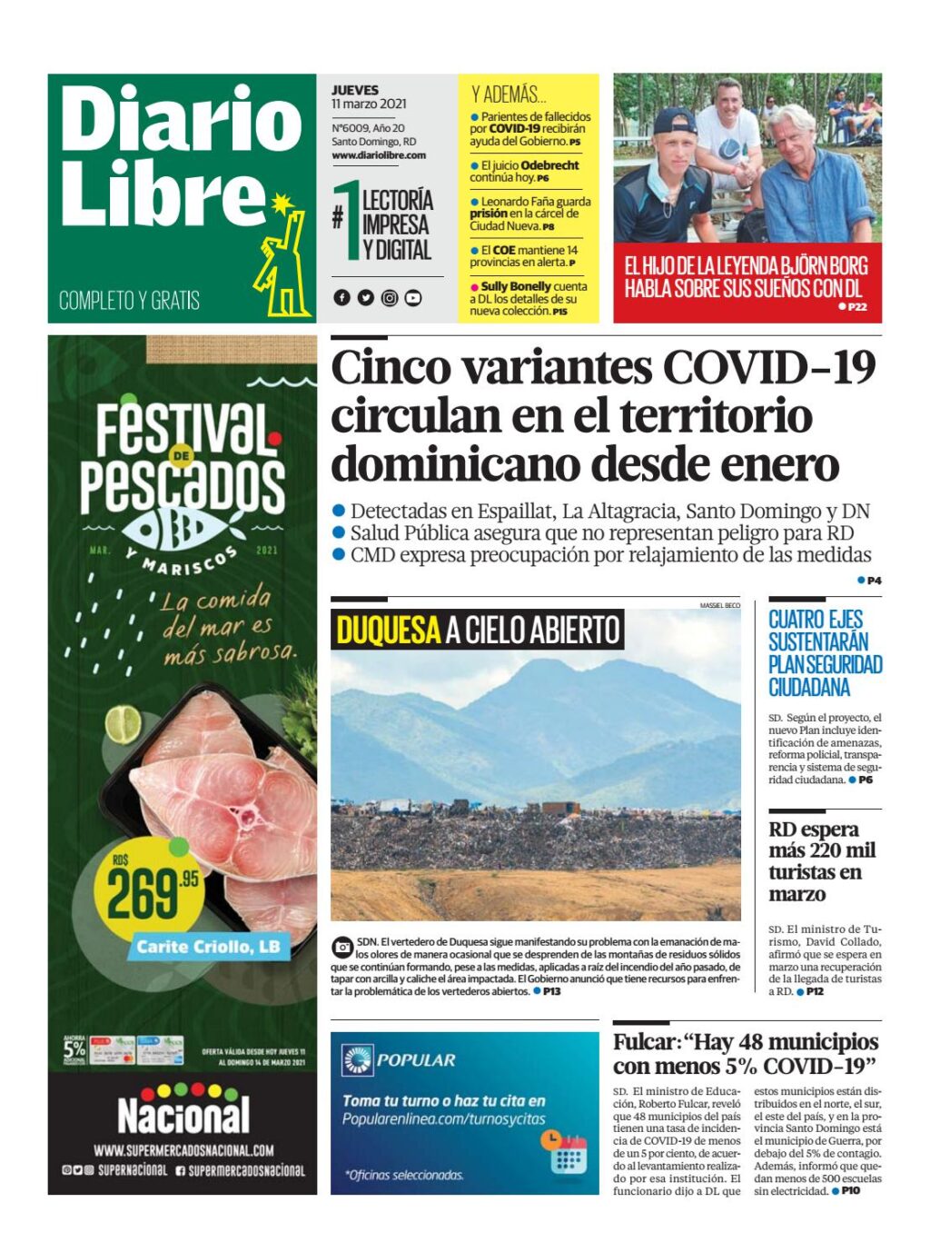 Portada Periódico Diario Libre, Jueves 11 de Marzo, 2021 - Dominicana.do