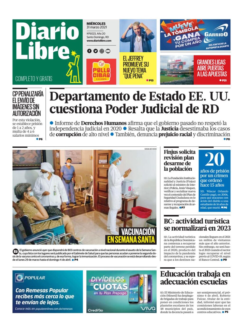 Portada Periódico Diario Libre, Miércoles 31 de Marzo, 2021 - Dominicana.do