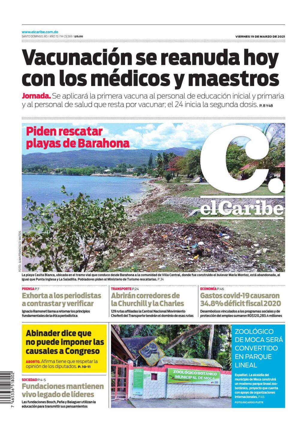 Portada Periódico El Caribe, Viernes 19 de Marzo, 2021 - Dominicana.do