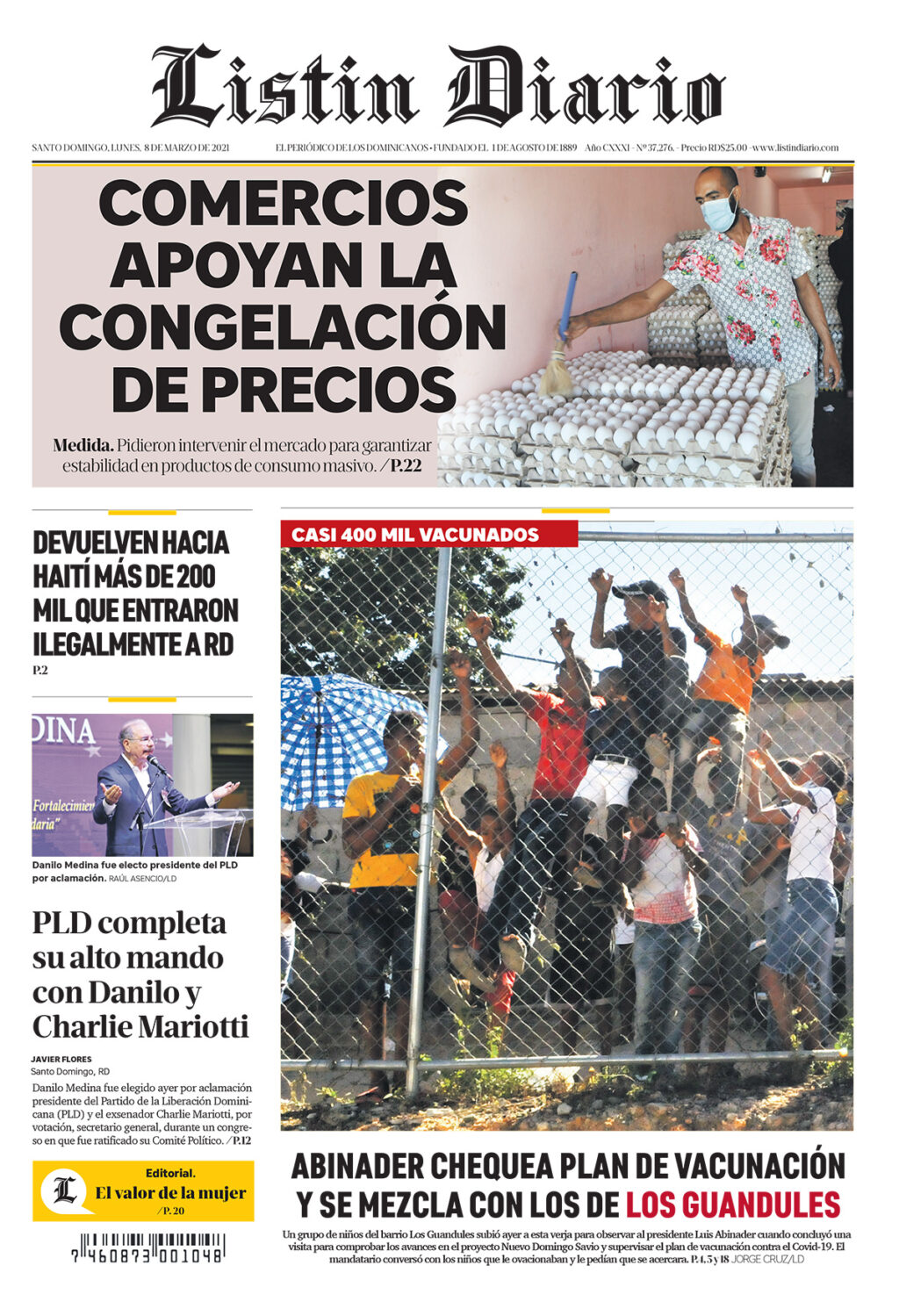 Portada Periódico Listín Diario, Lunes 08 de Marzo, 2021 - Dominicana.do