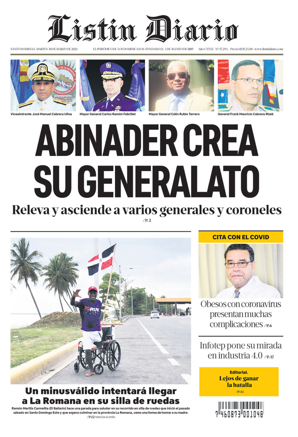 Portada Periódico Listín Diario, Martes 30 de Marzo, 2021 - Dominicana.do