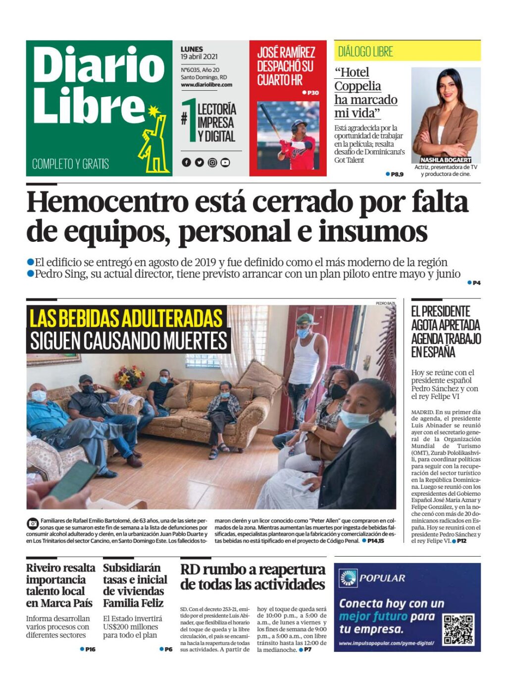 Portada Periódico Diario Libre, Lunes 19 de Abril, 2021 - Dominicana.do