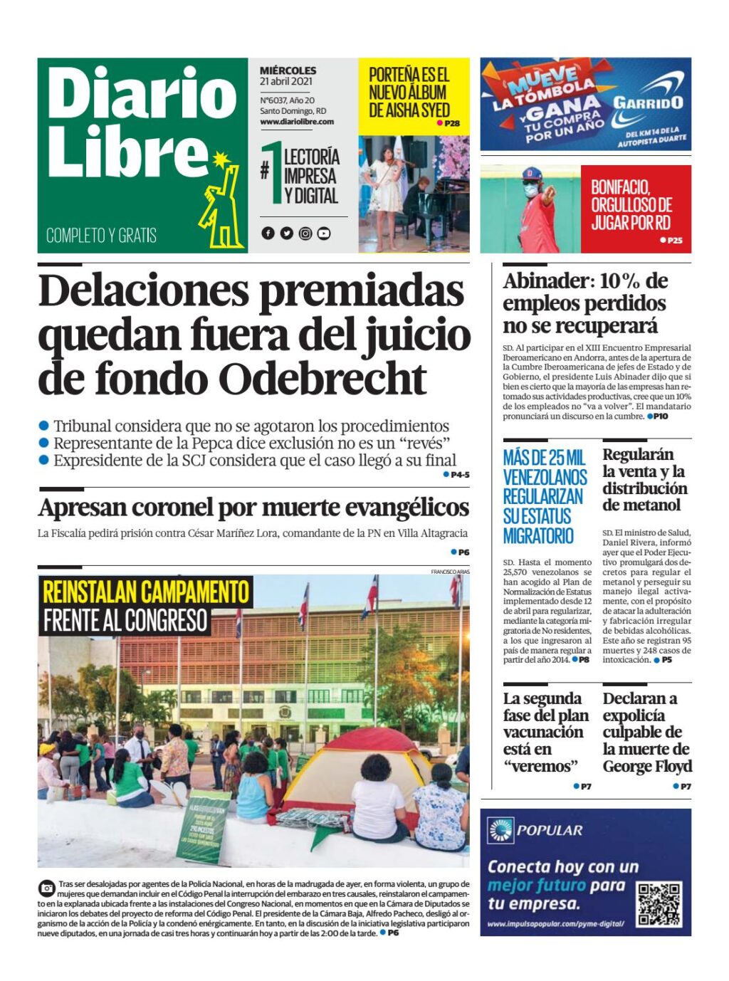 Portada Periódico Diario Libre, Miércoles 21 de Abril, 2021 - Dominicana.do