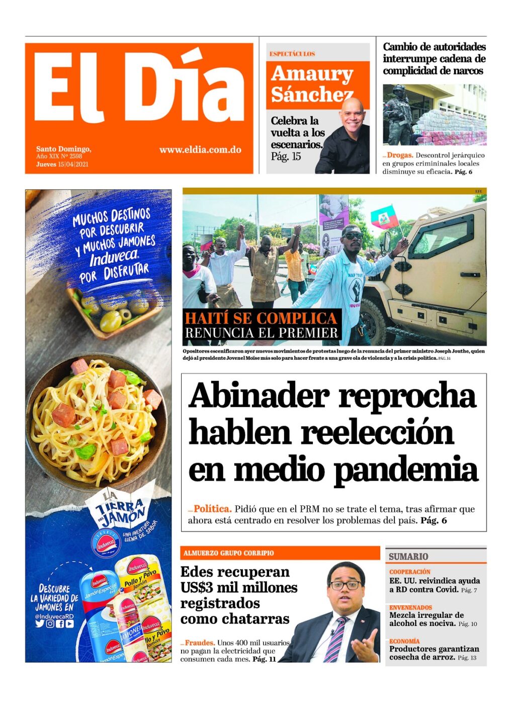 Portada Periódico El Nuevo Diario, Lunes 22 Abril 2019 - Dominicana.do