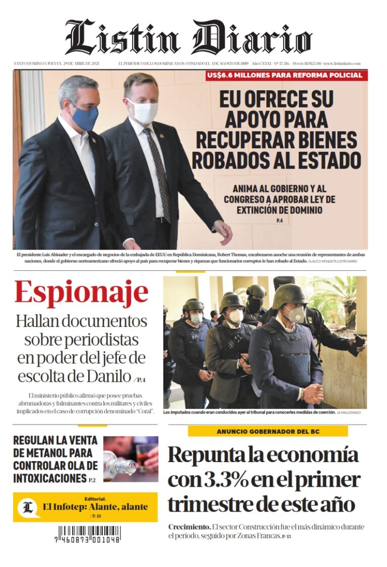 Portada Periódico Listín Diario, Jueves 29 de Abril, 2021 - Dominicana.do