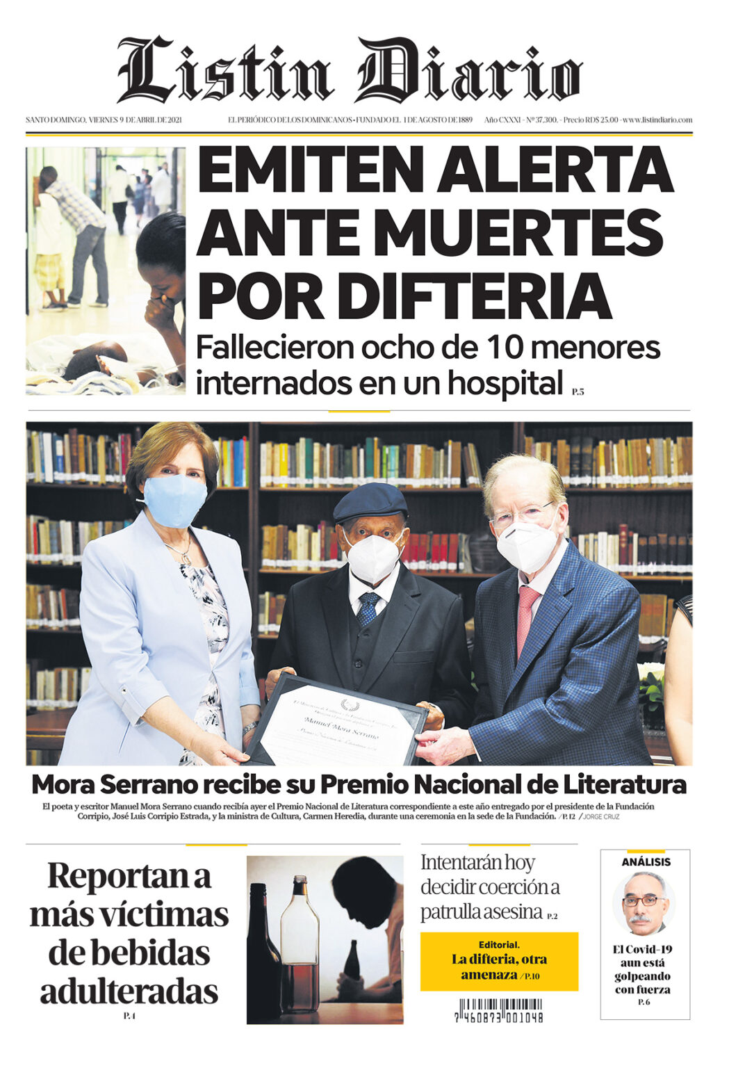 Portada Periódico Listín Diario, Viernes 09 de Abril, 2021 - Dominicana.do