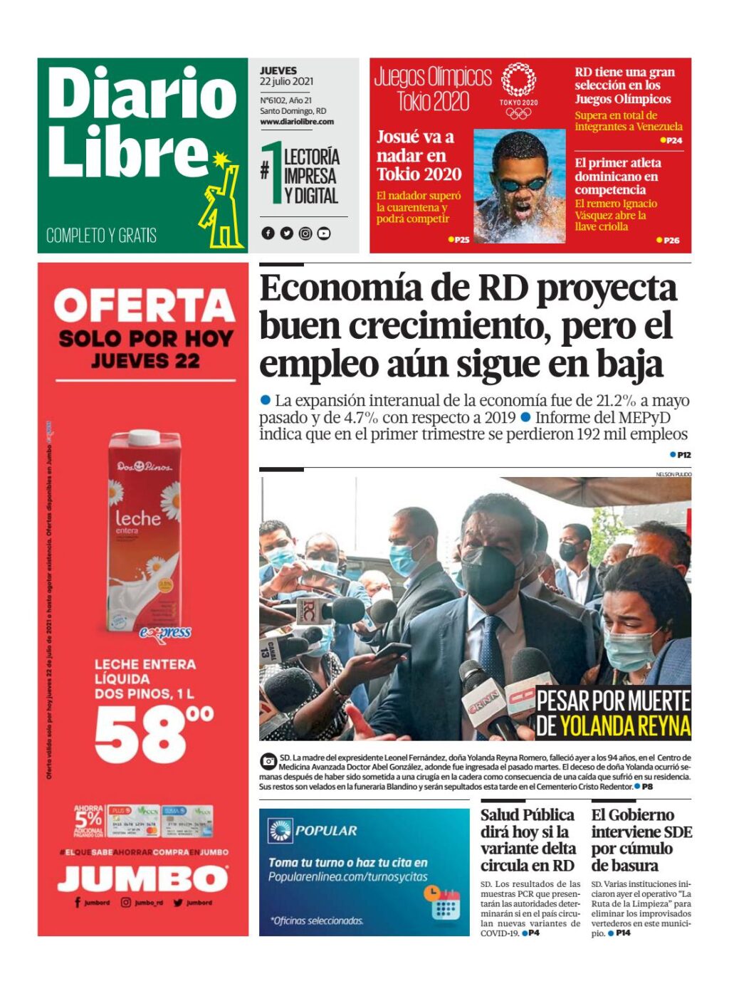 Portada Periódico Diario Libre, Jueves 22 Julio, 2021 - Dominicana.do