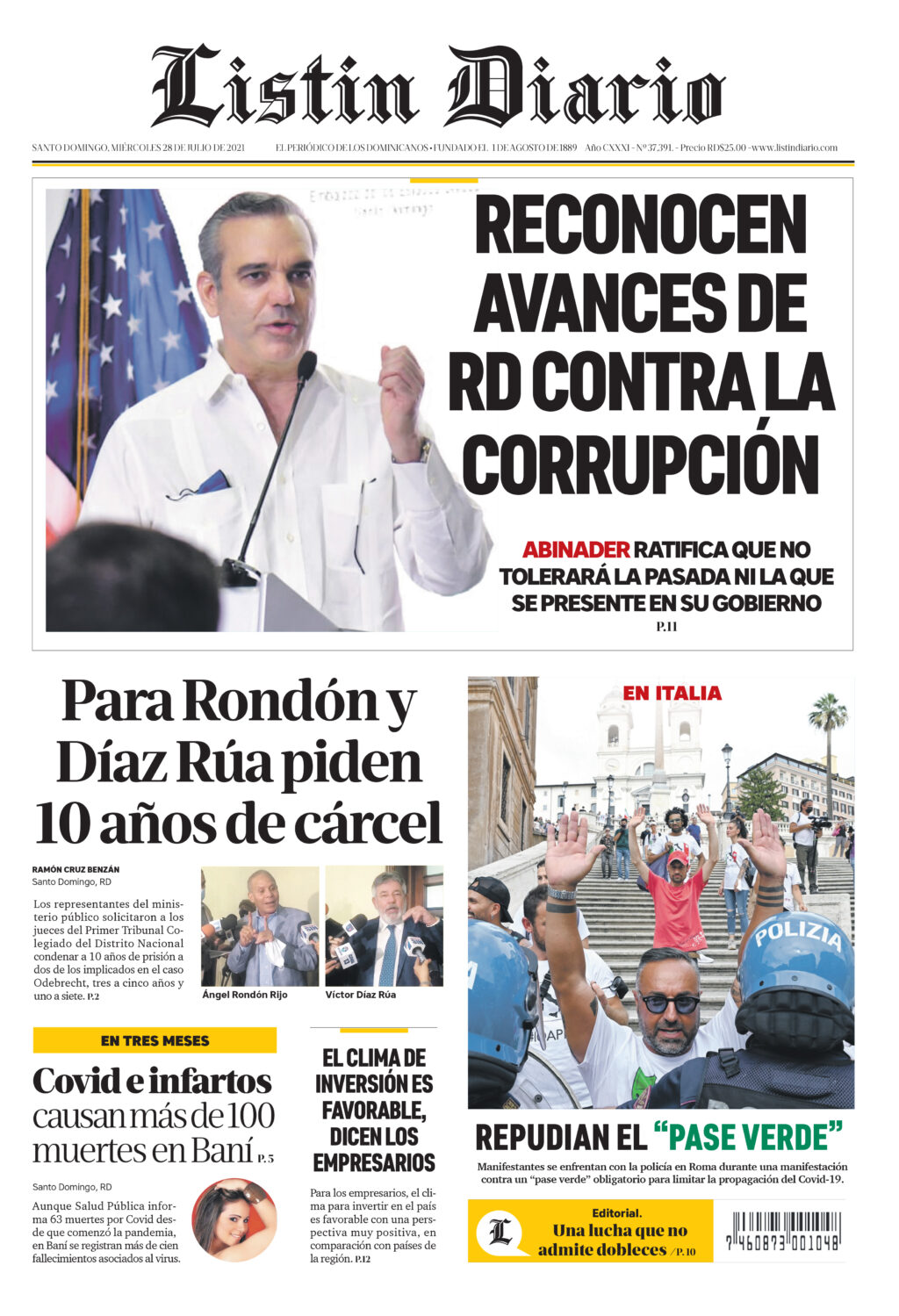 Portada Periódico Listín Diario, Miércoles 28 Julio, 2021 - Dominicana.do