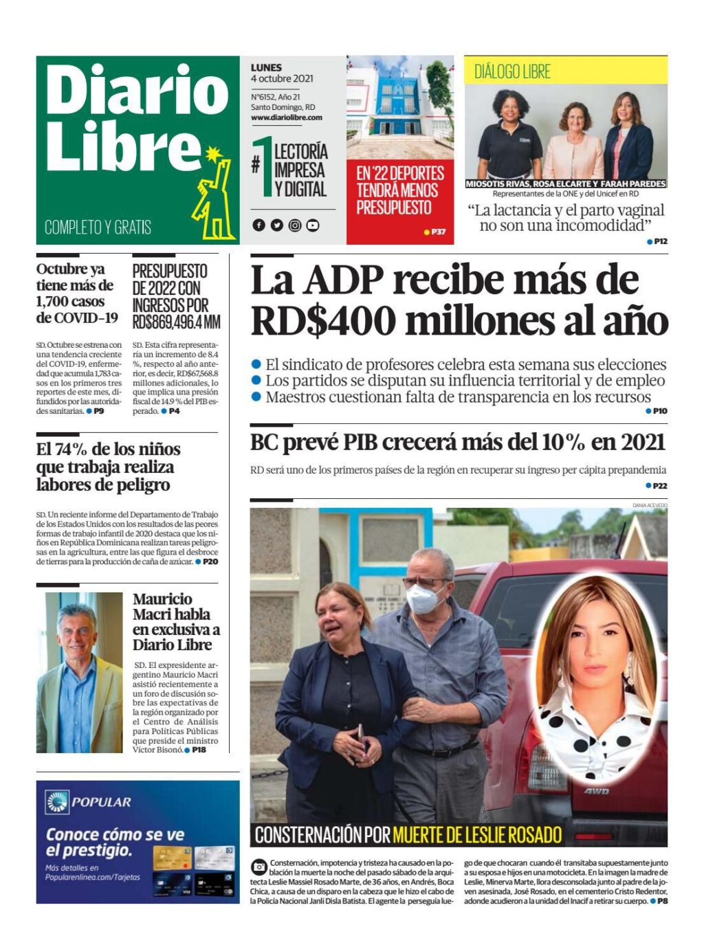 Portada Periódico Diario Libre, Lunes 04 Octubre, 2021 - Dominicana.do