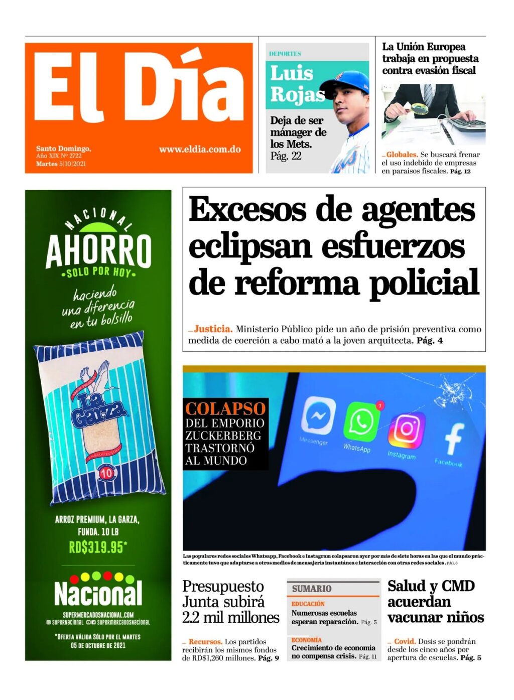 Portada Periódico El Día, Viernes 14 de Agosto, 2020 - Dominicana.do