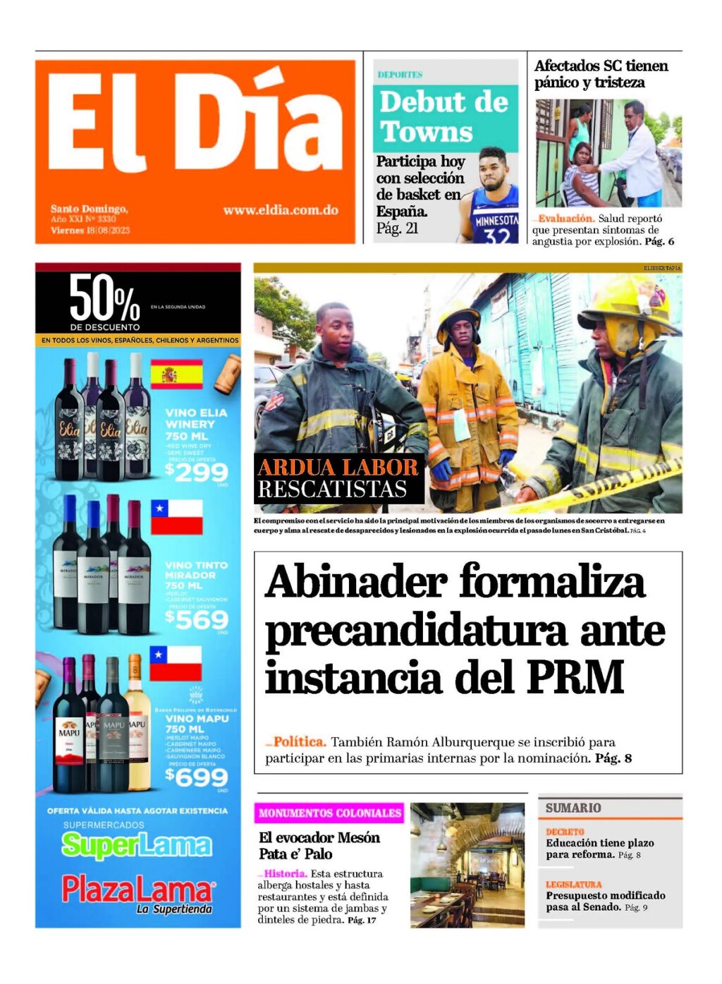 Portada Periódico El Día, Viernes 18 Agosto, 2023 - Dominicana.do