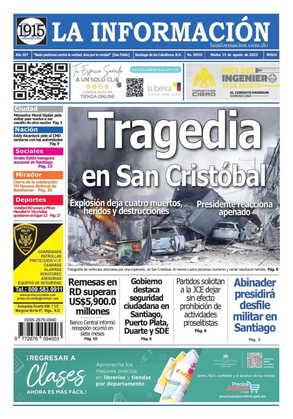 Portada Periódico La Información, Martes 15 Agosto, 2023 - Dominicana.do