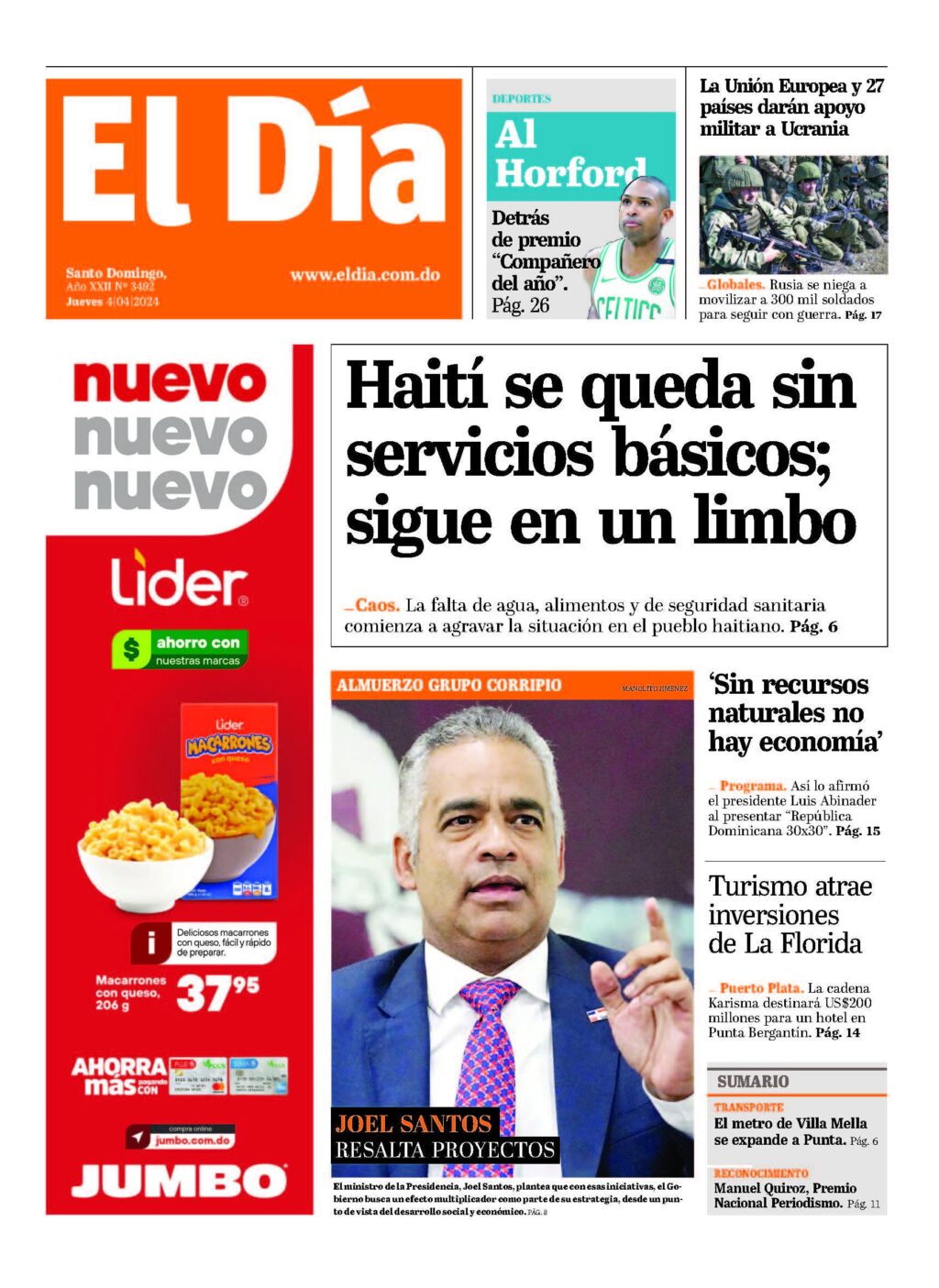 Portada Periódico El Día, Jueves 04 Abril, 2024 - Dominicana.do