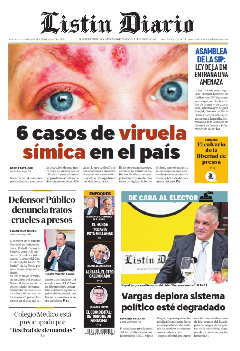 Portada Periódico Listín Diario, Jueves 18 Abril, 2024 - Dominicana.do