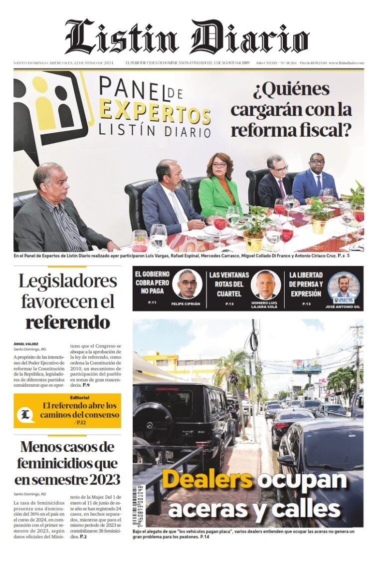Portada Periódico Listín Diario, Miércoles 12 Junio, 2024 - Dominicana.do