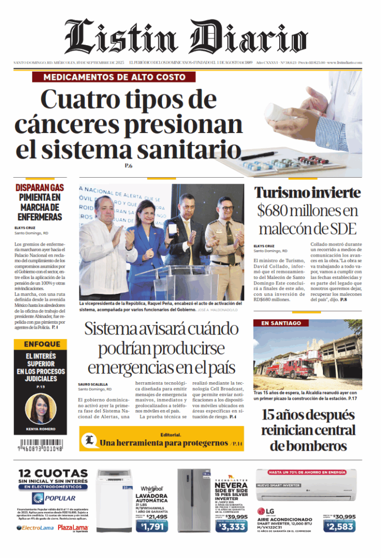 Portada Periódico Listín Diario, Jueves 11, Septiembre, 2025 ...