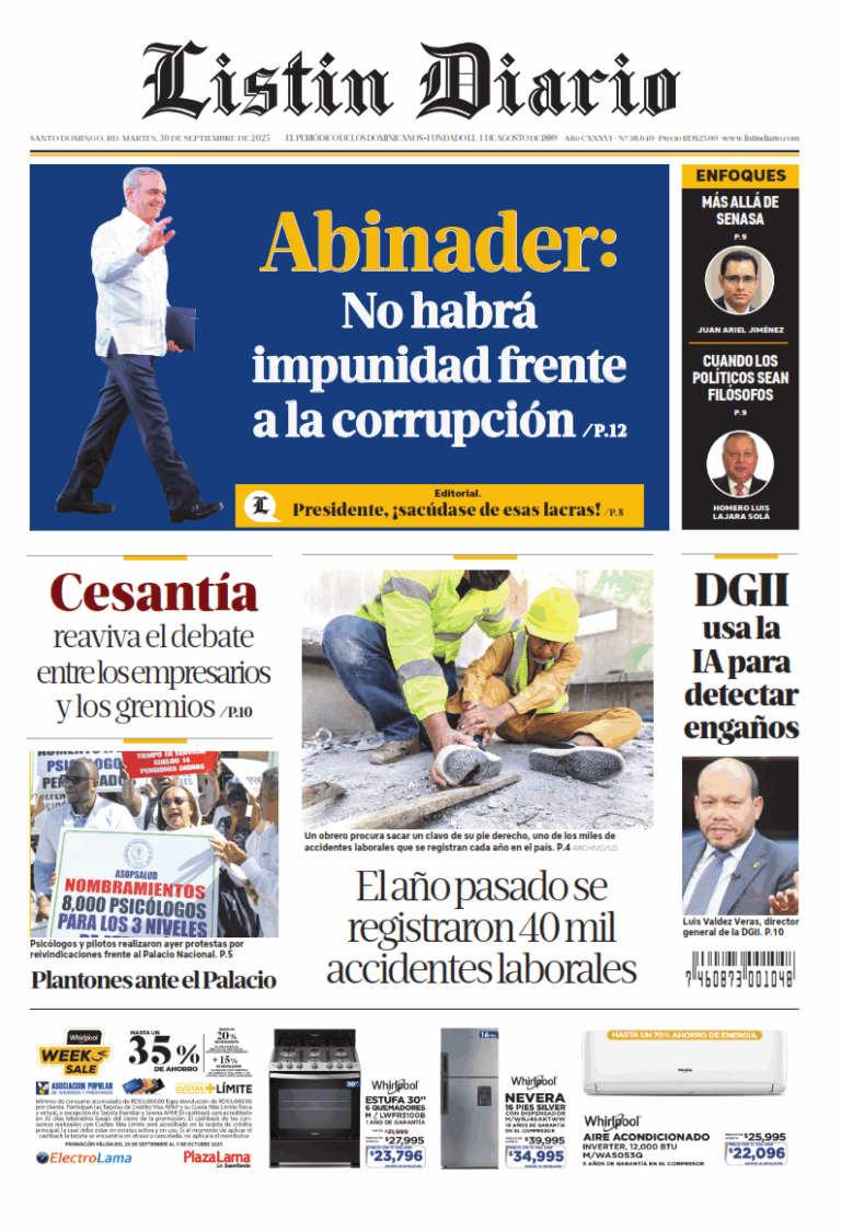 Portada Periódico Listín Diario, Martes 30, Septiembre, 2025 ...