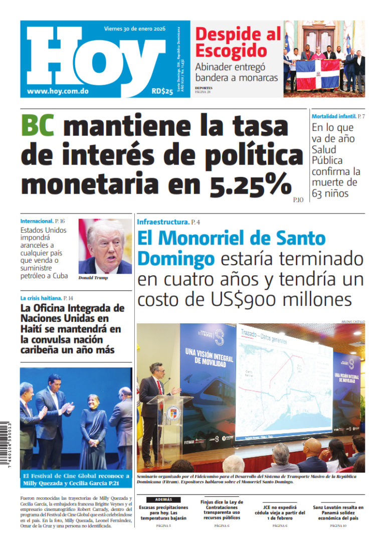 Portada Periódico Hoy, Viernes 30, Enero, 2026 - Dominicana.do
