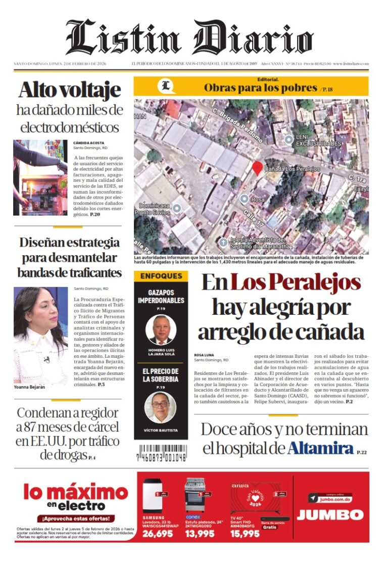 Portada Periódico Listín Diario, Lunes 02, Febrero, 2026 - Dominicana.do