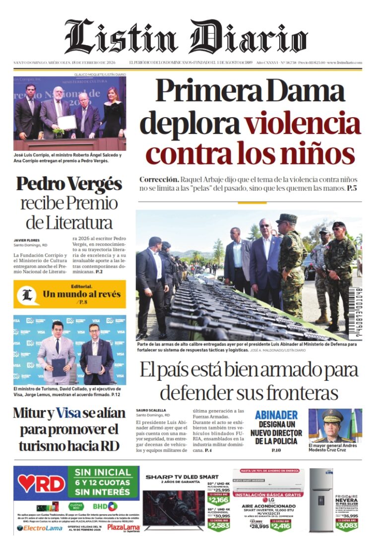 Portada Periódico Listín Diario, Miércoles 18, Febrero, 2026 ...